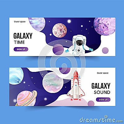 Galaxy Banner Design With Saturn, Rocket, Astronaut Illustration ...