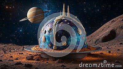 Galaxy-themed Cake On Lunar Surface With Saturn In The Background Stock ...