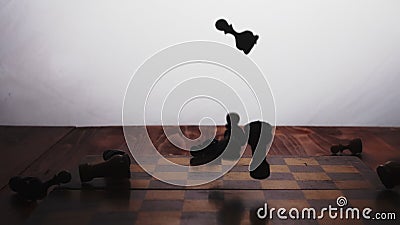 The Game is Over. Slow Motion Chess Pieces Fall on the Chessboard and ...