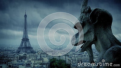 Gargoyle Looks Over Paris in the Rain Stock Video - Video of cinematic ...