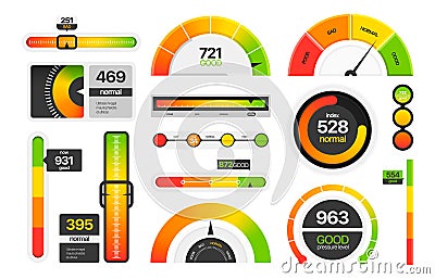 Gauges Measuring Scale. Tachometer Dial Speedometer Bar Graph, Progress ...