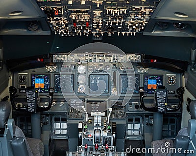 General View Of The Empty Cockpit Cockpit. Commercial Flight Simulator ...