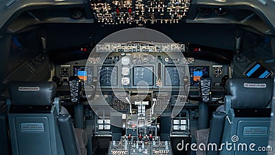 General View Of The Empty Cockpit Cockpit. Commercial Flight Simulator ...
