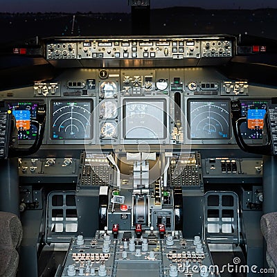 General View Of The Empty Cockpit Cockpit. Commercial Flight Simulator ...