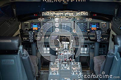 General View Of The Empty Cockpit Cockpit. Commercial Flight Simulator ...
