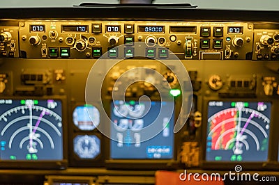 General View Of The Empty Cockpit Cockpit. Commercial Flight Simulator ...