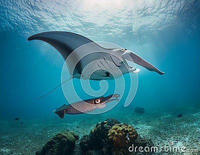 Colossal Squid And Manta Ray Underwater Stock Photography ...