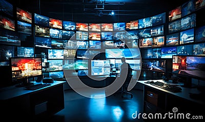 Media Broadcast Control Room With Multiple Screens Displaying Various ...