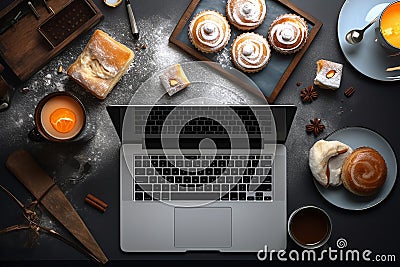 Generative AI Image Of Top View Of Laptop With Bread Food On Black ...