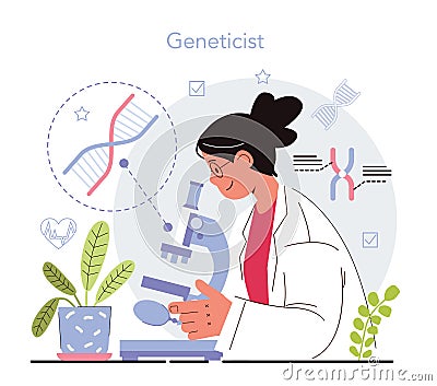 Geneticist Concept. Scientist Work With DNA Molecule Structure. Vector ...