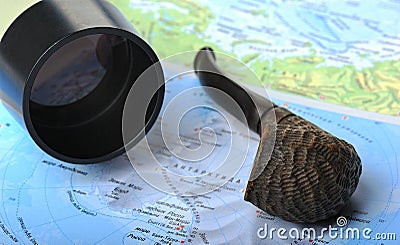 Geographical Maps A Telescope And Smoking Pipe Stock Photo ...