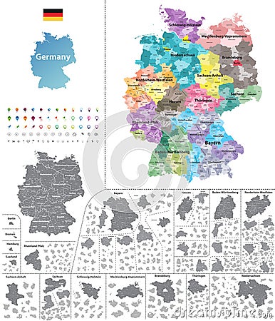 Germany High Detailed Vector Map Colored By States And Administrative ...