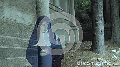 The Ghost of a Nun Walks through the Ruins of an Old Monastery. 4 K ...