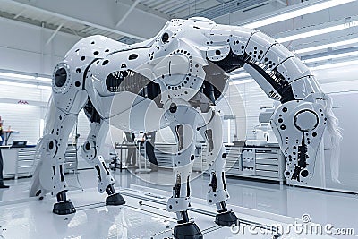 A Giant Robot Horse Being Assembled In A Bright, White High-tech Lab ...