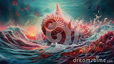 A Giant Seashell Floating In A Surreal Ocean Royalty-Free Stock ...