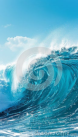 Gigantic Ocean Wave Rising Dramatically Under A Clear Blue Sky Horizon ...