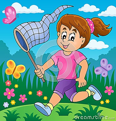 Girl Chasing Butterflies Theme Image 2 Cartoon Vector | CartoonDealer ...
