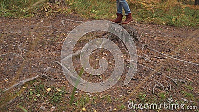 Girl Jump on Stump in the Forest Stock Video - Video of beauty, jump ...