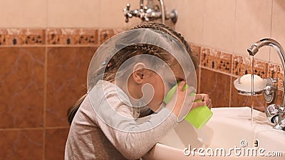 Girl Rinsing Mouth after Brushing Teeth Stock Video - Video of room ...