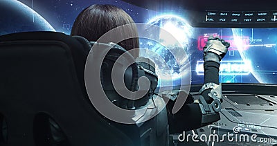 The Girl is Sitting in a Spaceship. Touch Screen on the Shuttle. Outer ...