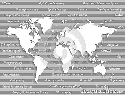 GIS Vector Banner With World Map And Lettering. Gray Background. Stock ...