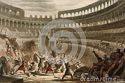 Gladiators Battling In Ancient Coliseum, Surrounded By Cheering ...