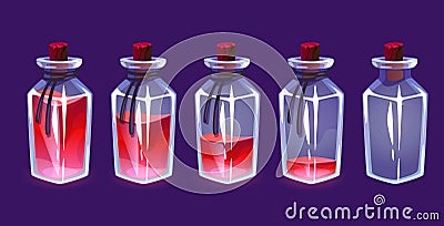 Glass Bottles With Varying Amounts Magic Elixir. Red Liquid, Full And ...