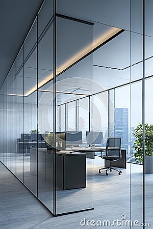 Glass Partitioned, Empty Sleek Modern Office With Expansive Glass ...