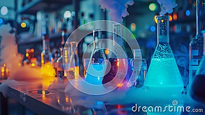 Chemical Reactions In Lab, Glassware On Lab Table With Bubbling ...