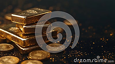 Gleaming Gold Bars And Coins On Dark Background With Glittering ...