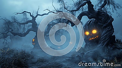 Glowing-Eyed Trees In A Foggy, Eerie Forest Royalty-Free Stock Image ...