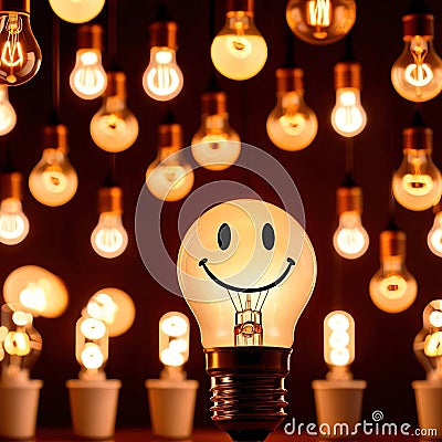 Glowing Lightbulb With Smiley Face, Showing Happiness And Positive ...