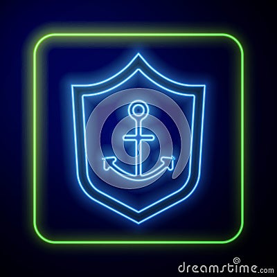 Glowing Neon Anchor Inside Shield Icon Isolated On Blue Background ...