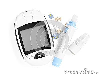 Glucometer, Lancet Pen And Strips On White Background, Top View ...