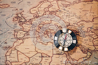 Golden Compass And The Map. Travel And Navigation Theme. Map Used For ...