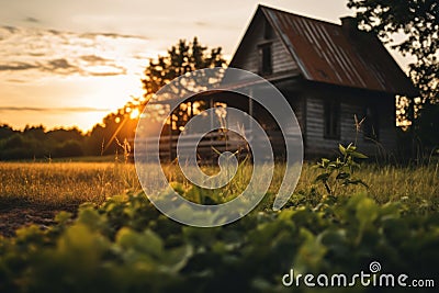 Golden Hour Glow On A Rustic Countryside Cabin. Stock Photography ...