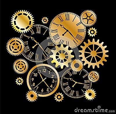 Golg Metal Clocks And Gears And Mechanisms On Black Background Vector ...