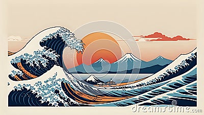 Great Wave Vector Sunset Illustration. Great Wave With Mount Fuji After ...
