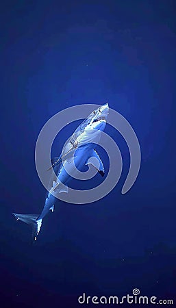 A Great White Shark Ascends From The Deep Blue Ocean, Evoking Awe And ...