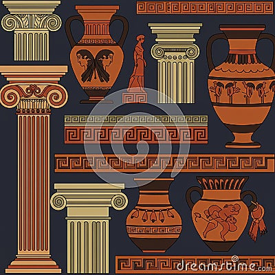 Greek Art Elements Featuring Classical Columns And Pottery. Corinthian ...