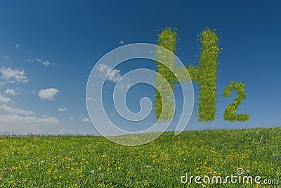 Green Hydrogen H2 Letters Hovers Over A Freh Meadow With Sky Royalty ...