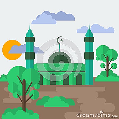 Flat Style Green Mosque Illustration Cartoon Vector | CartoonDealer.com ...