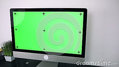 Green Screen. Employee Working at Computer Sitting at Desk. View from ...