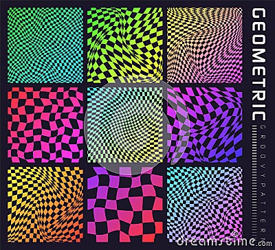 Groovy Checkered Pattern, Colorful Distorted Tiled Grid. Vintage Wavy ...