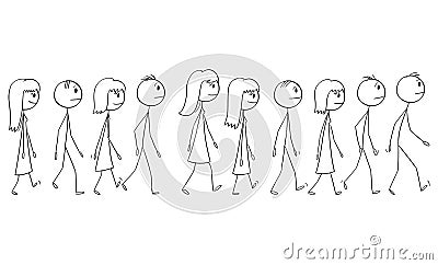 Group Or Crowd Of People Walking Together, Vector Cartoon Stick Figure ...