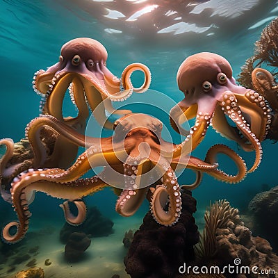 A Group Of Octopuses Dancing In Unison Underwater, Creating A ...