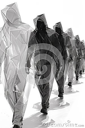 A Group Of People Walking In A Line With Their Hoods Up, AI Stock Image ...