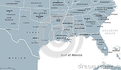 Gulf States Of The USA, Gulf South Or South Coast, Gray Political Map ...