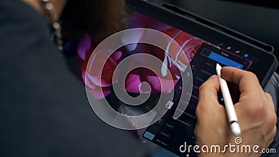 Guy Draw Picture on Tablet Computer. Designer Works on Graphic Tablet ...