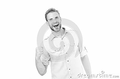 Guy Happy Find Solution. Achieve Success. Man With Beard Happy About ...